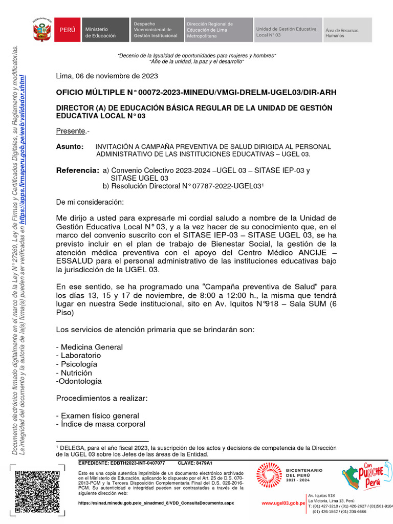 Oficio - Multiple 00072 2023 Minedu Vmgi Drelm Ugel03 Dir Arh | PDF