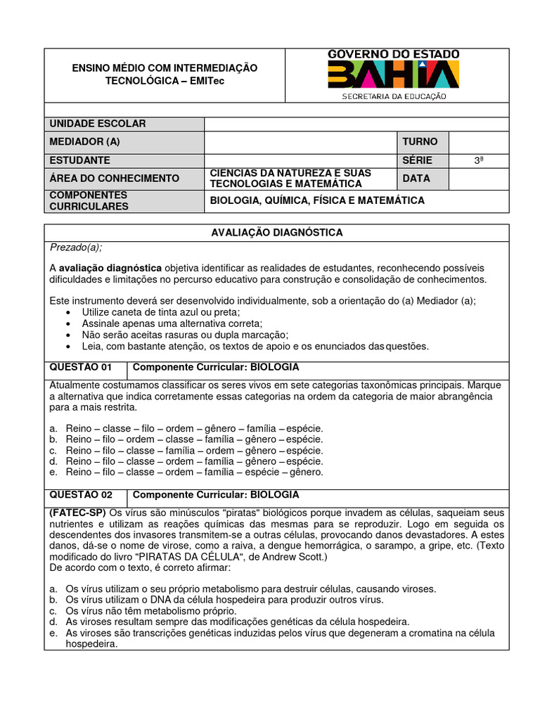 Avaliação Diagnóstica - 3a Série - Ciências Da Natureza e Matemática ... Avaliação Diagnóstica - 3a Série - Ciências Da Natureza e Matemática ...