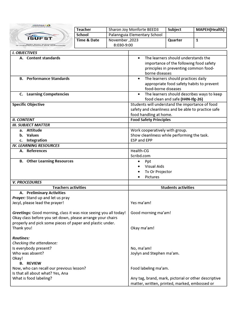 Health Lesson Plan | PDF | Foodborne Illness | Nutrition