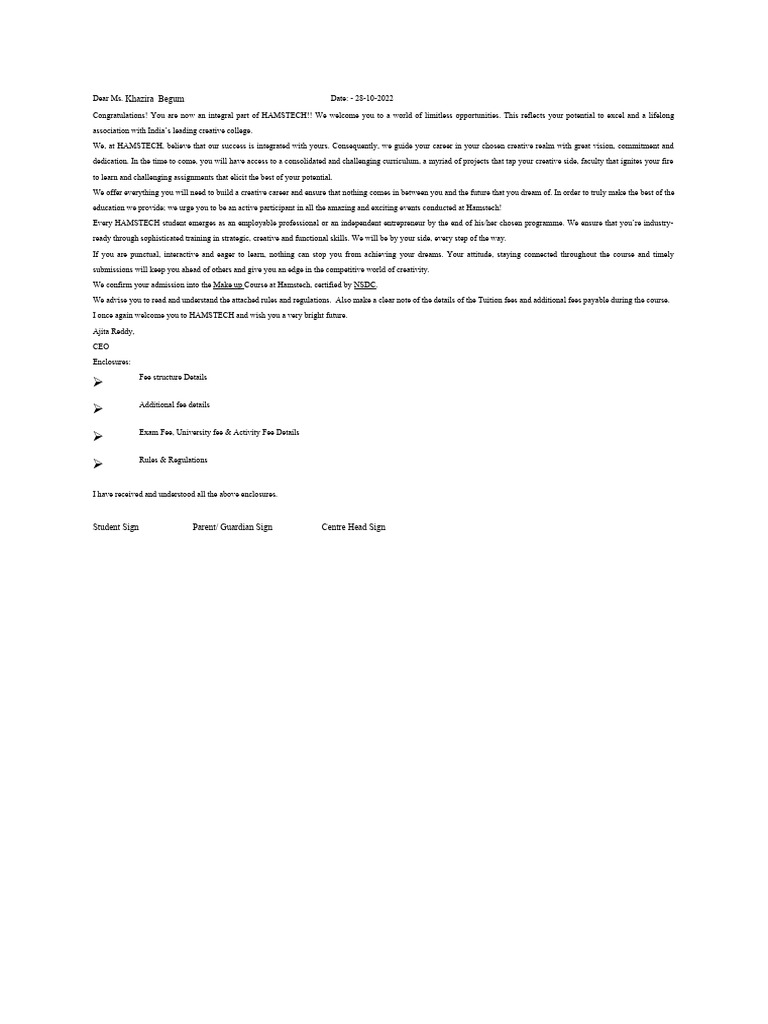 Revised Induction Letter 2022 | PDF | Fee | Payments