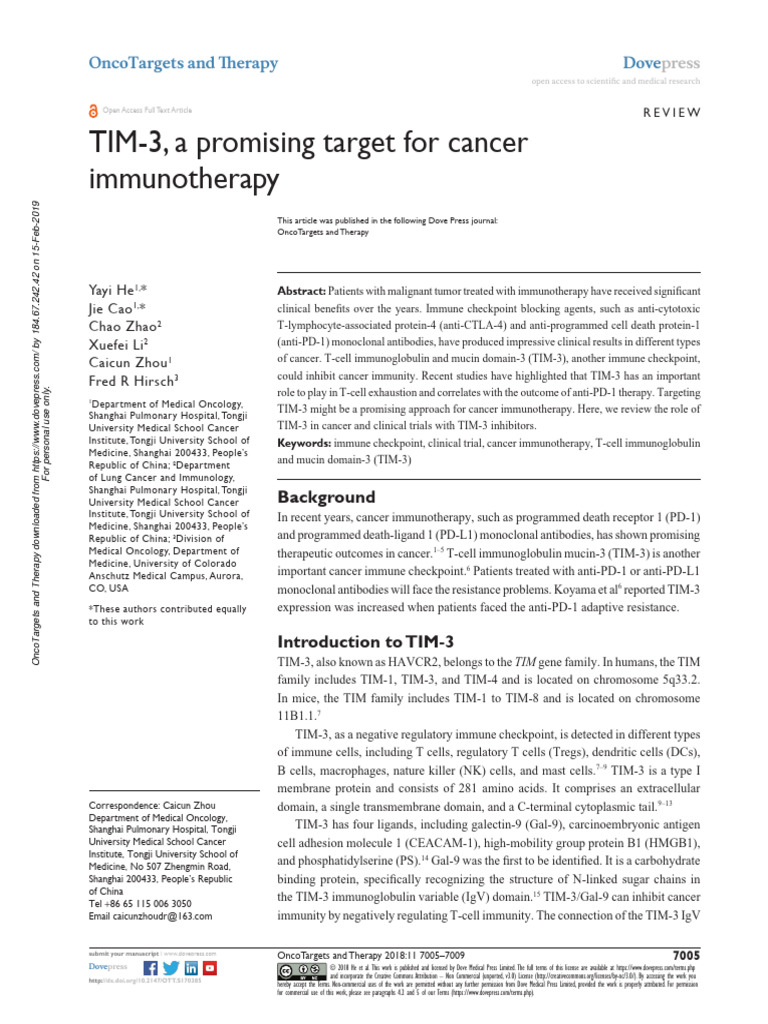 TIM-3 a Promising Target for Cancer Immunotherapy | PDF | T Cell ...