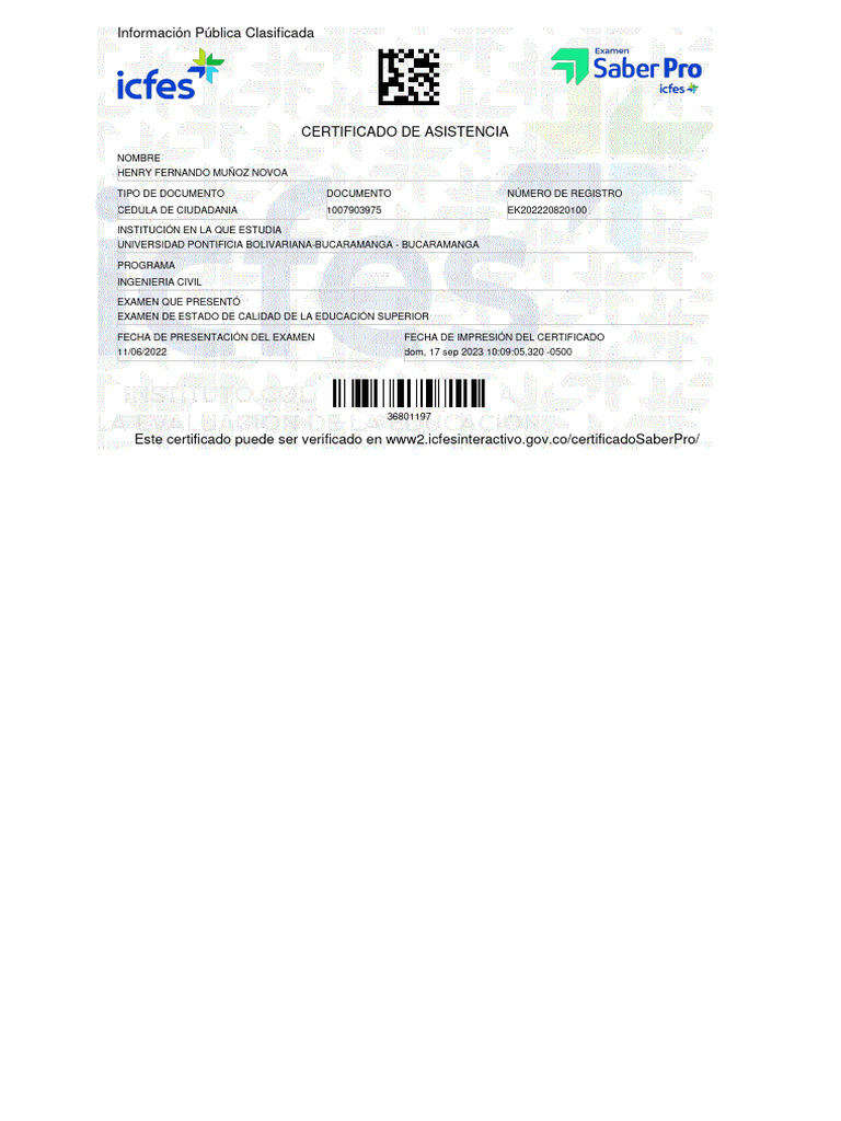 Certificado de Asistencia Pruebas SABER PRO | PDF