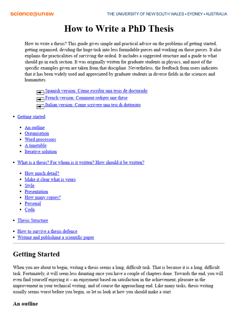 Reading 11 - Wolfe, J. 1996. How To Write A PHD Thesis, UNSW | PDF | Errors And Residuals | Thesis