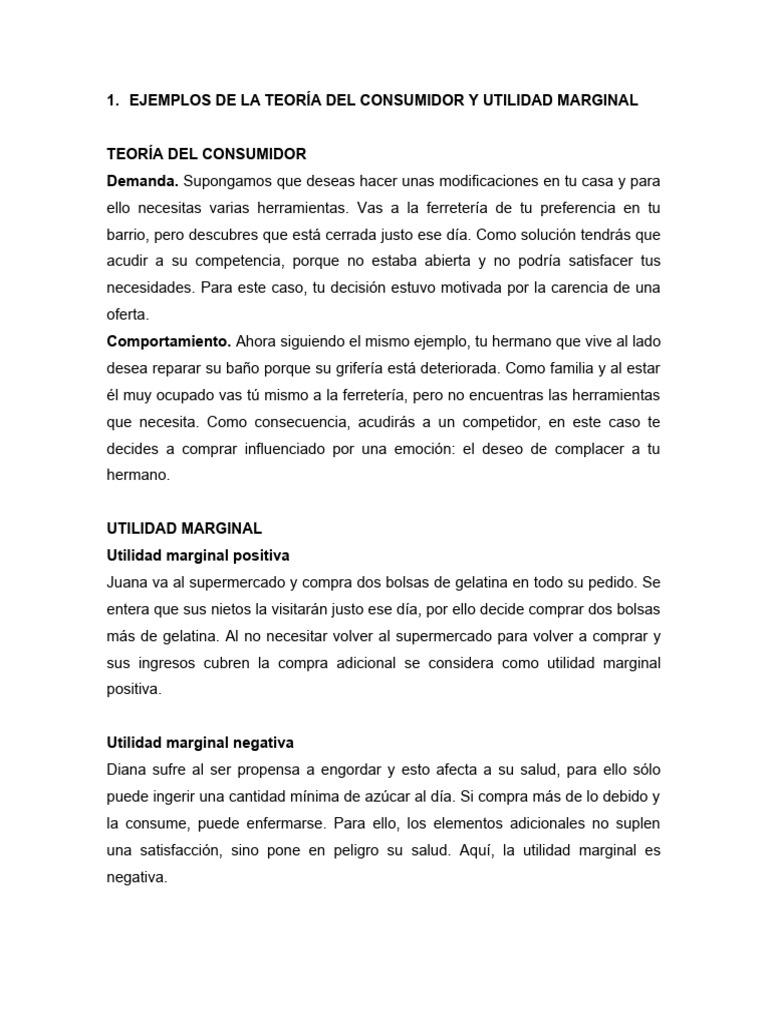EJEMPLOS DE LA TEORÍA DEL CONSUMIDOR Y UTILIDAD MARGINAL | PDF | Utilidad marginal | Comportamiento