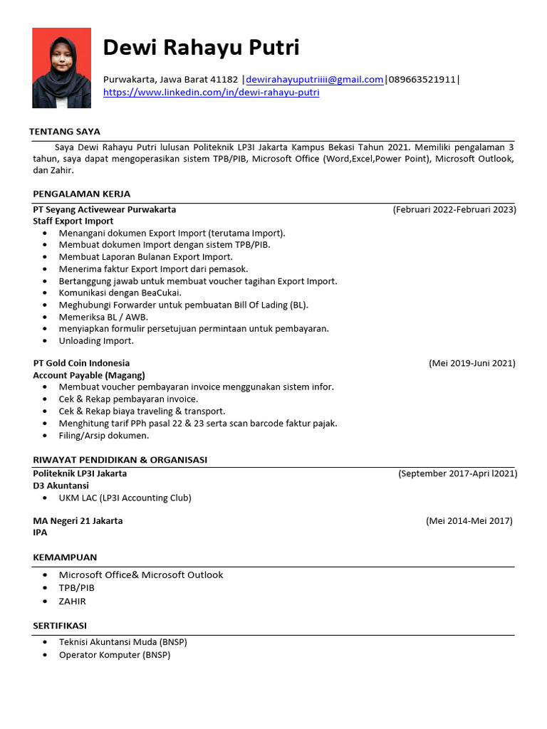 Dewi Rahayu Putri (CV) | PDF | Karier & Perkembangan | Pengelolaan Keuangan & Uang