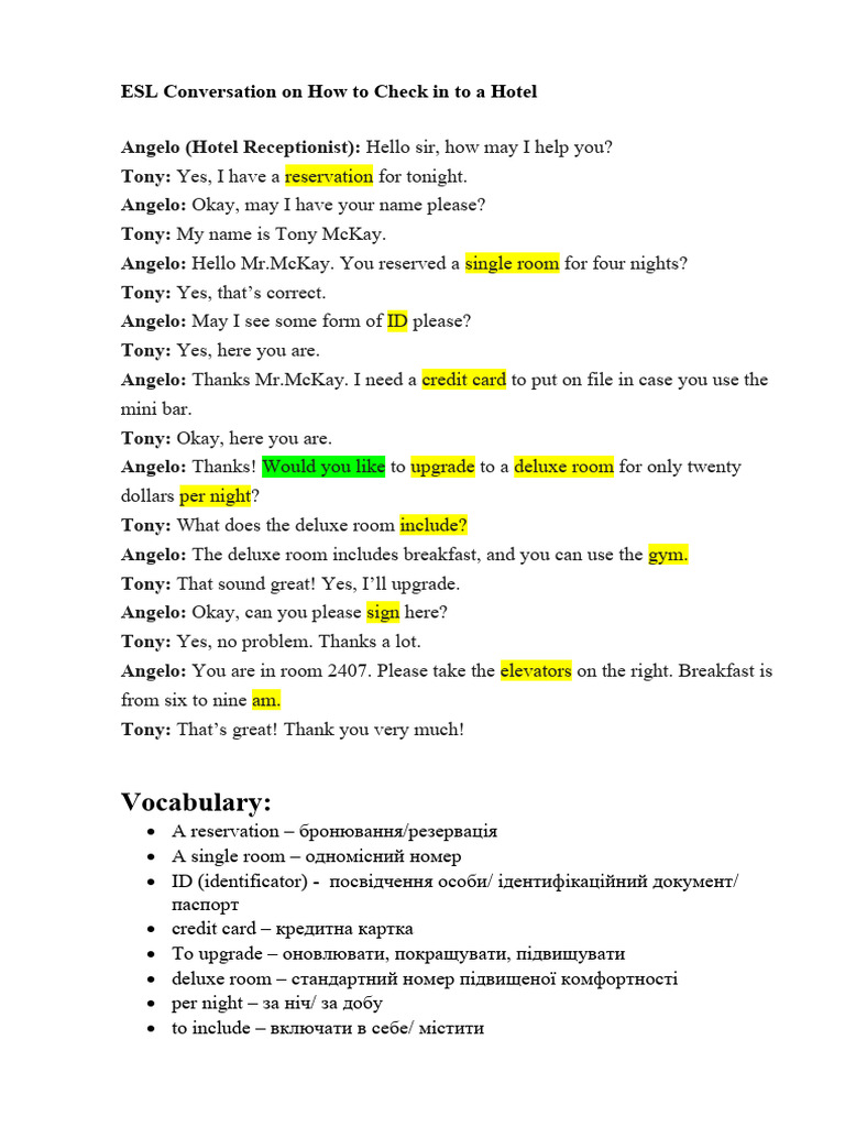 Hotel Check-In Conversation for ESL | PDF