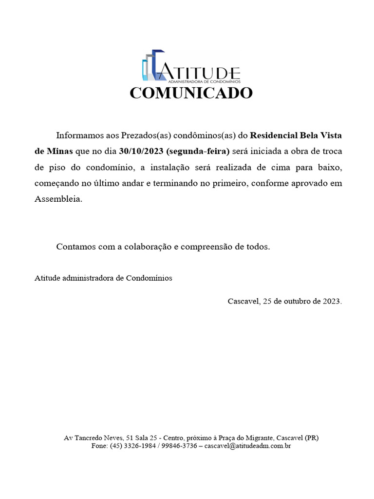 Comunicado - Inicio Da Obra de Troca de Piso | PDF