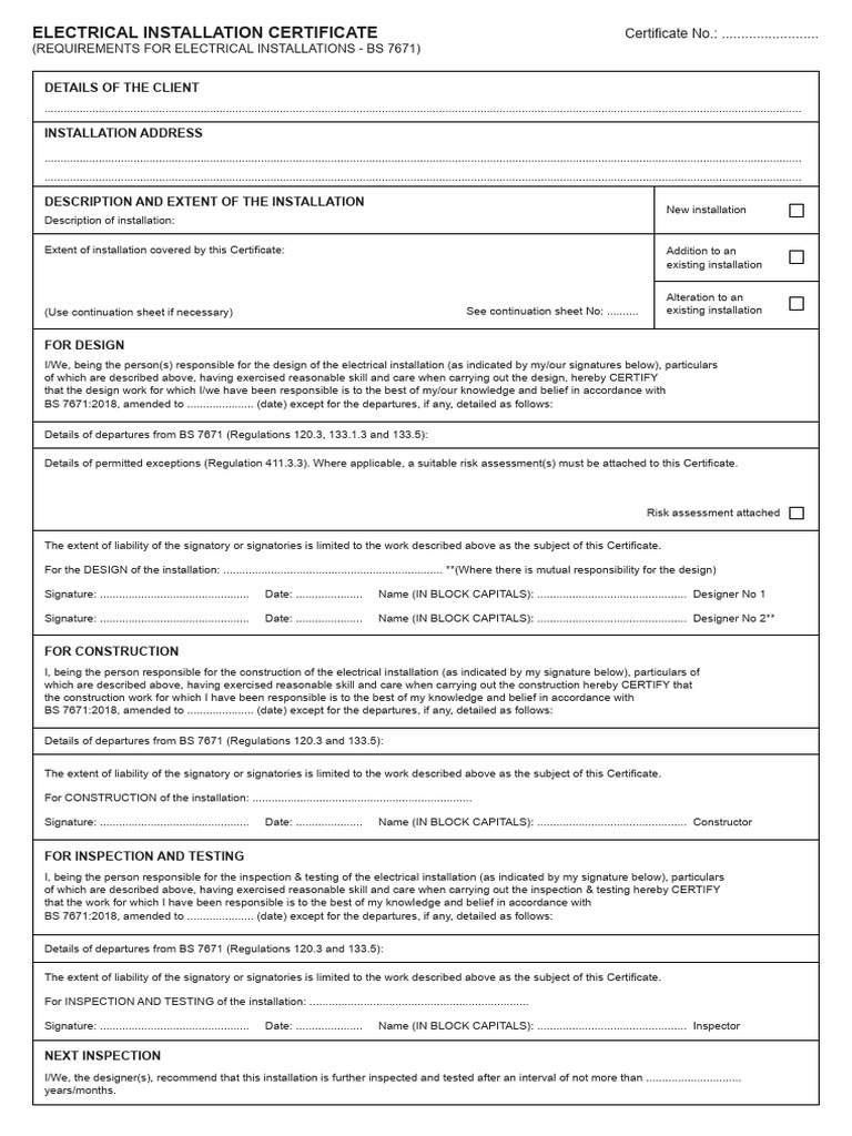 Electrical Installation Certificate | PDF | Electrical Wiring | Components