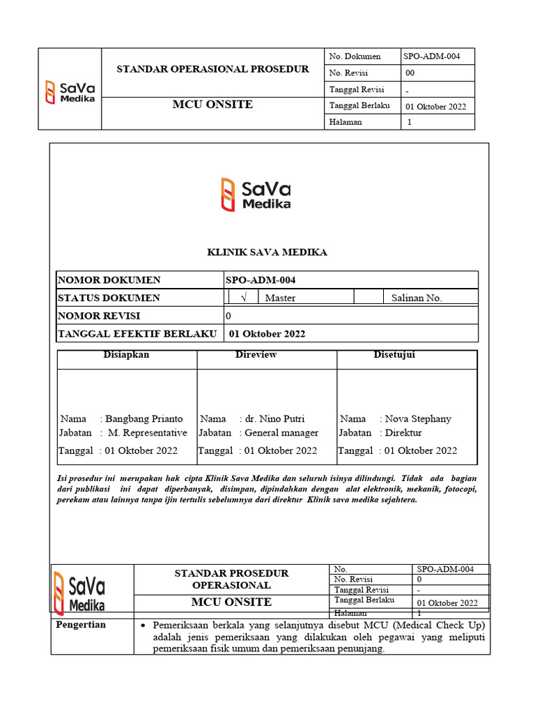 Spo-Adm-004 Sop Mcu Onsite | PDF