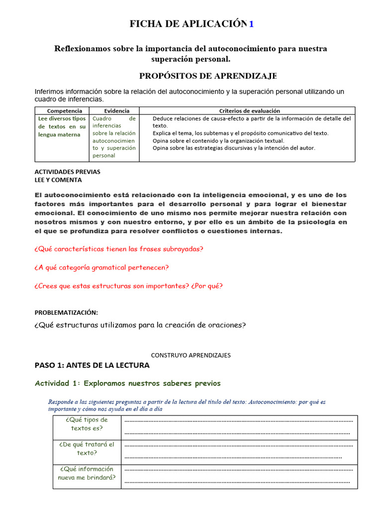 6 11 23 4° - Ficha - de - Aplicación Sesión2 Sem.1 Exp.7 Com | PDF | Las emociones | Autoestima