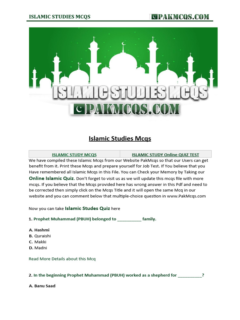 Islamic Studies Mcqs | PDF | Muhammad | Hajj