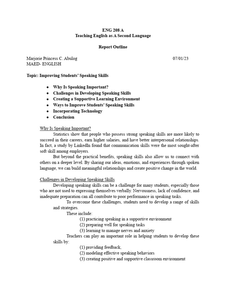 Outline of Report - EnG 208 A - Improving Students Speaking Skills ...
