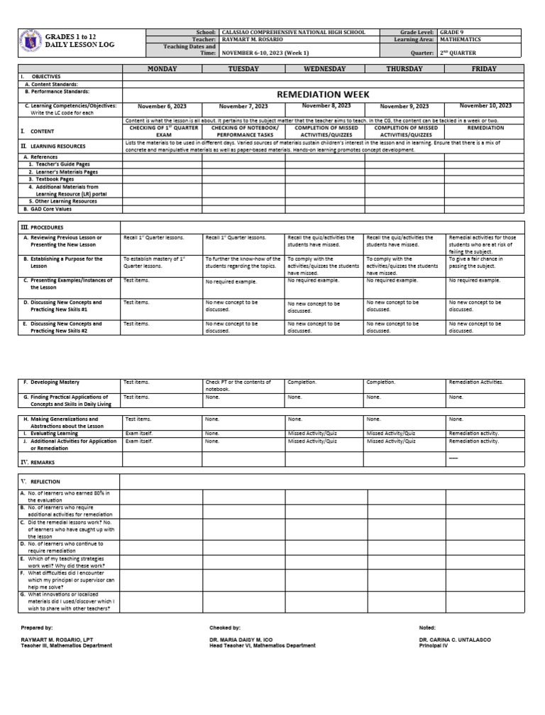DLL Mathematics-9 Q2 W1 | PDF | Learning | Quiz