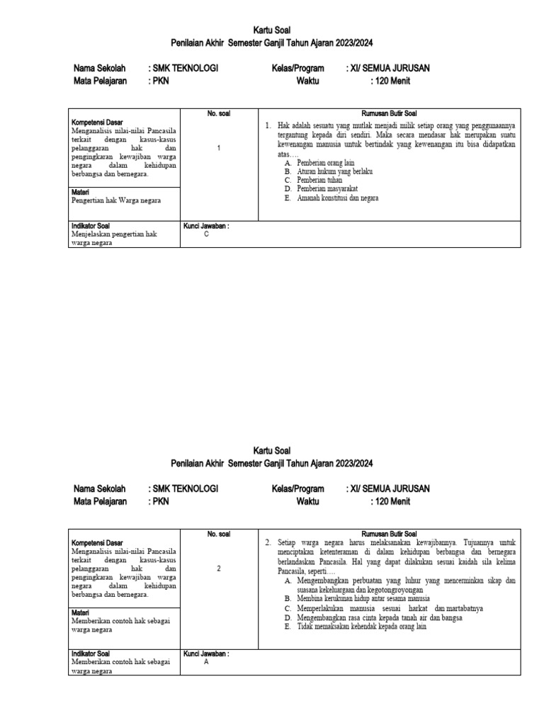 Kartu Soal Pas PKN Xii | PDF