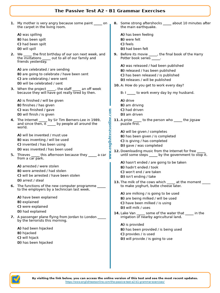 Passive Voice Exercises A2-B1 Test | PDF