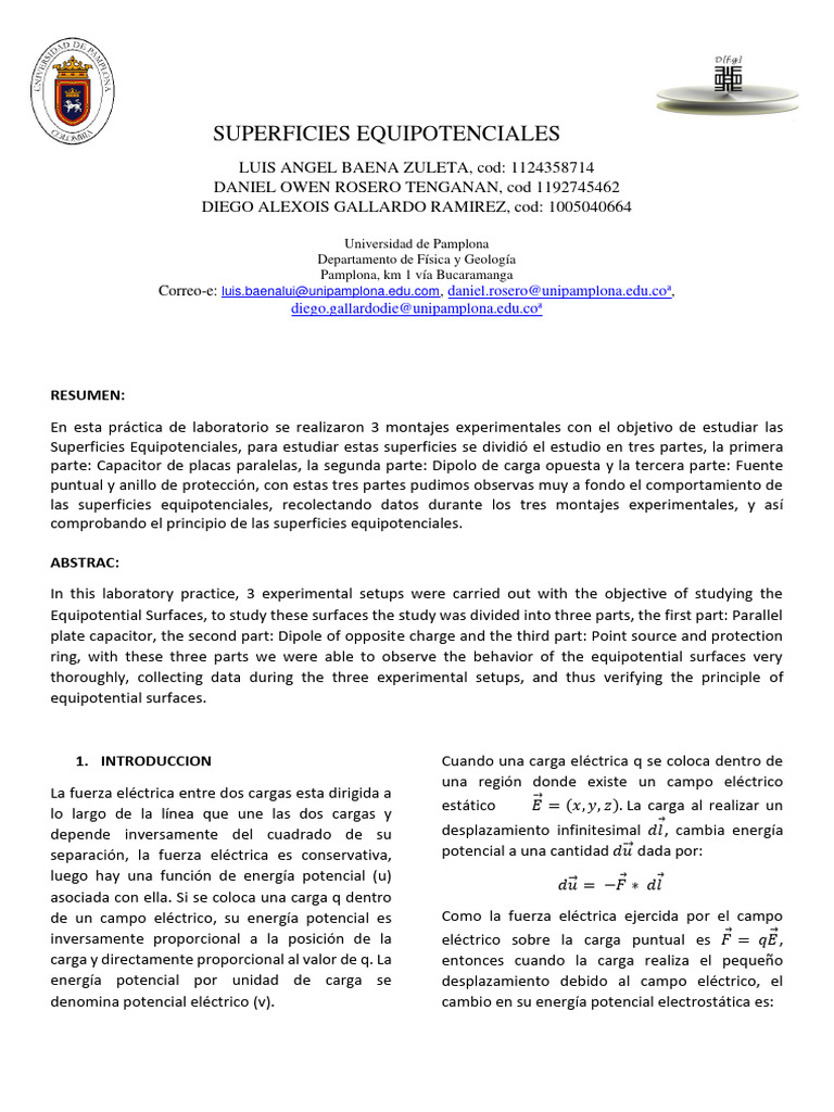 Informe SUPERFICIES EQUIPOTENCIALES | PDF | Energía potencial | Electricidad