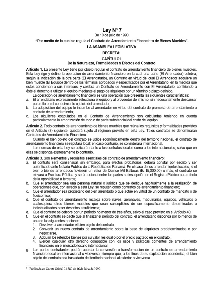 04-02-Ley-7-1990 - Arrendamiento Bienes Muebles | PDF | Pagos | Propiedad