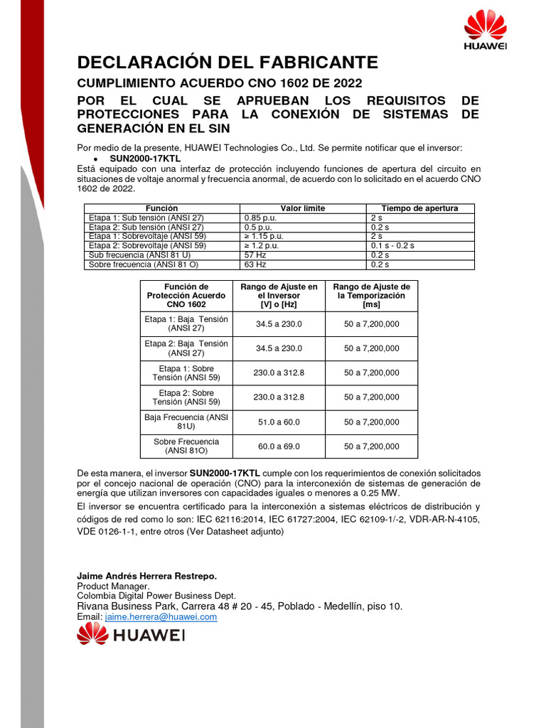 Inversor SUN2000-17KTL - Declaracion Cumplimiento Acuerdo CNO 1602 | PDF | Cantidad ...