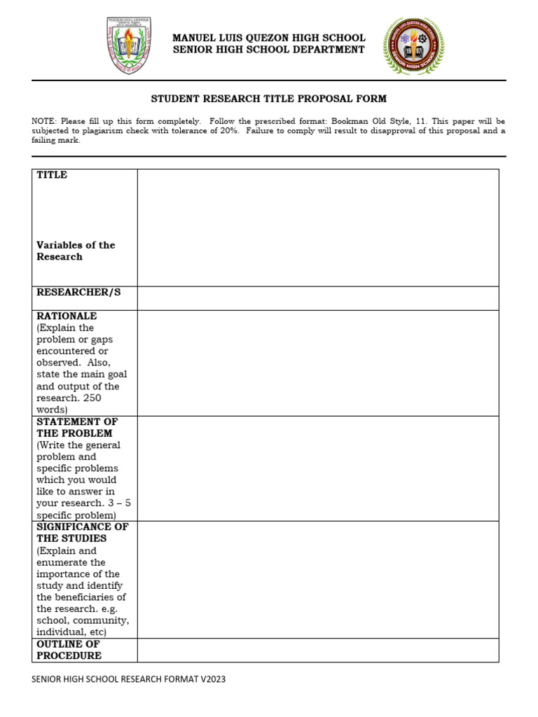 Senior High School Research Proposal Form | PDF