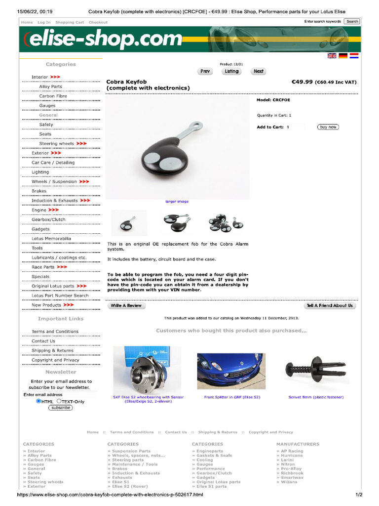 Cobra 7777 - Fob (Complete With Electronics) - Elise-Shop | PDF