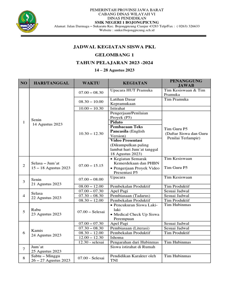Jadwal PKL Siswa 2023-2024 | PDF