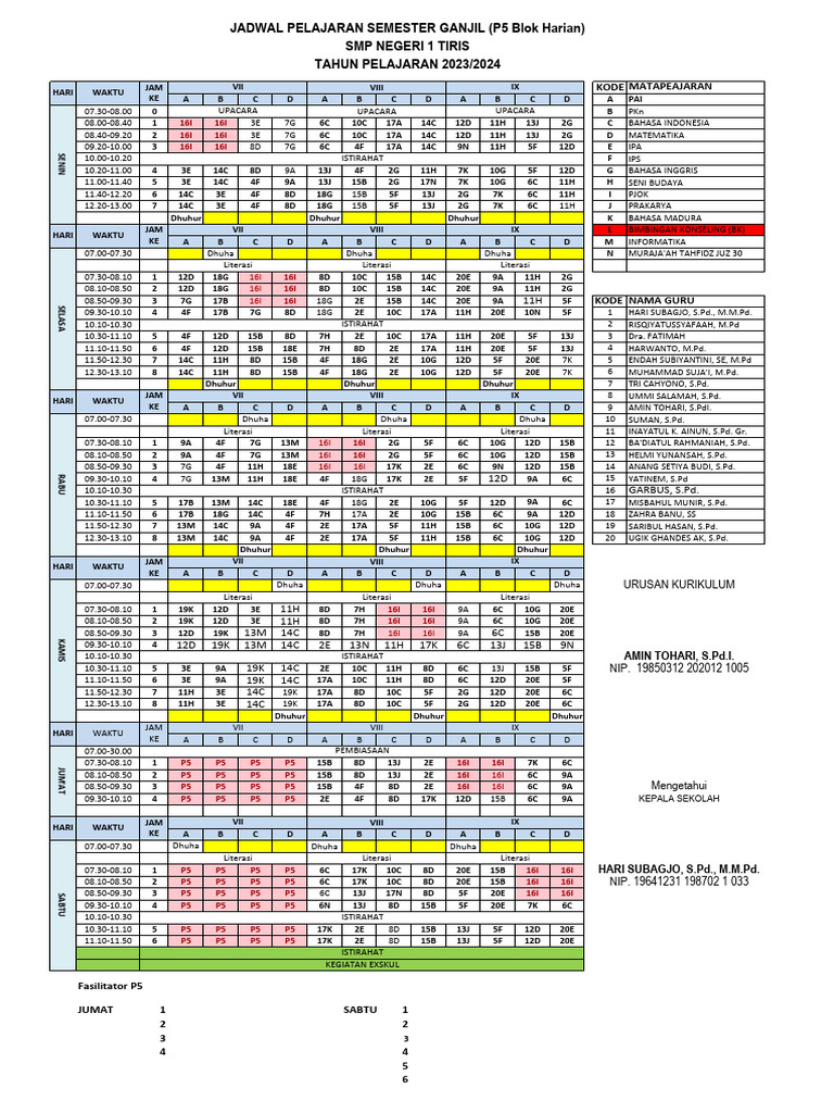 JADWAL PELAJARAN 23-24 P5 Blok Harian | PDF