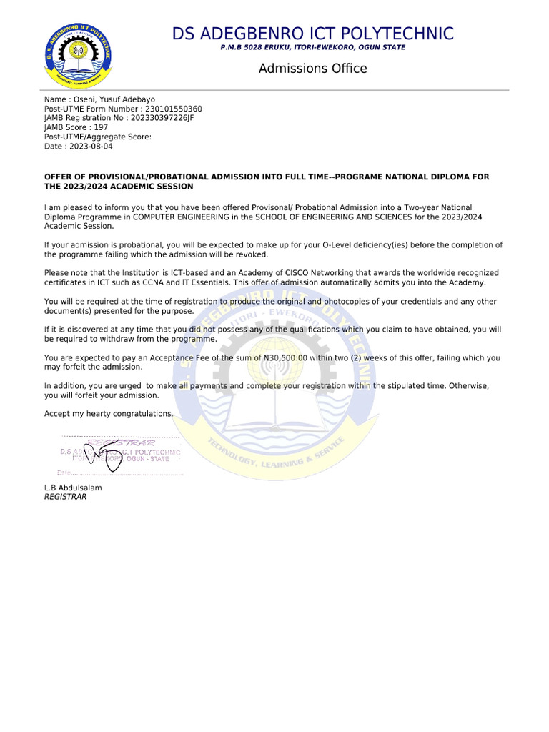 Admission Letter | PDF