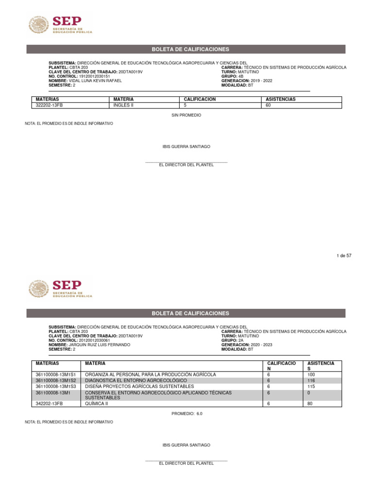 Calificaciones Técnicas Agrícolas CBTA 203 | PDF | Ciencia de la ...
