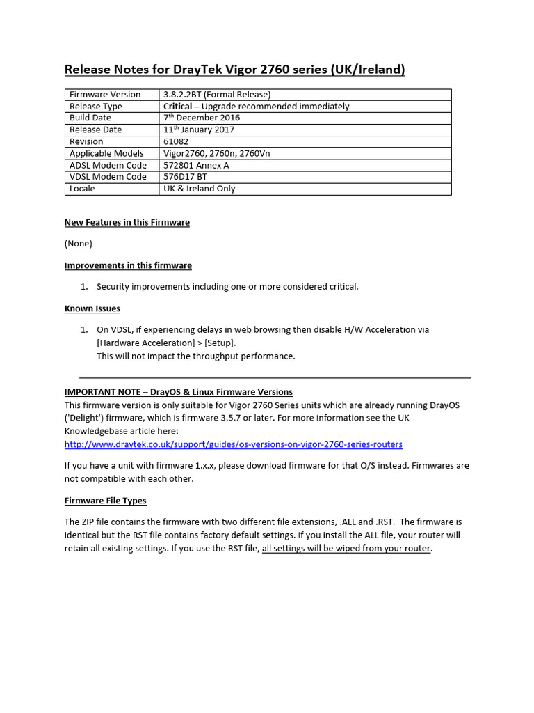 Release Notes For DrayTek Vigor 2760 Series | PDF | Router (Computing ...