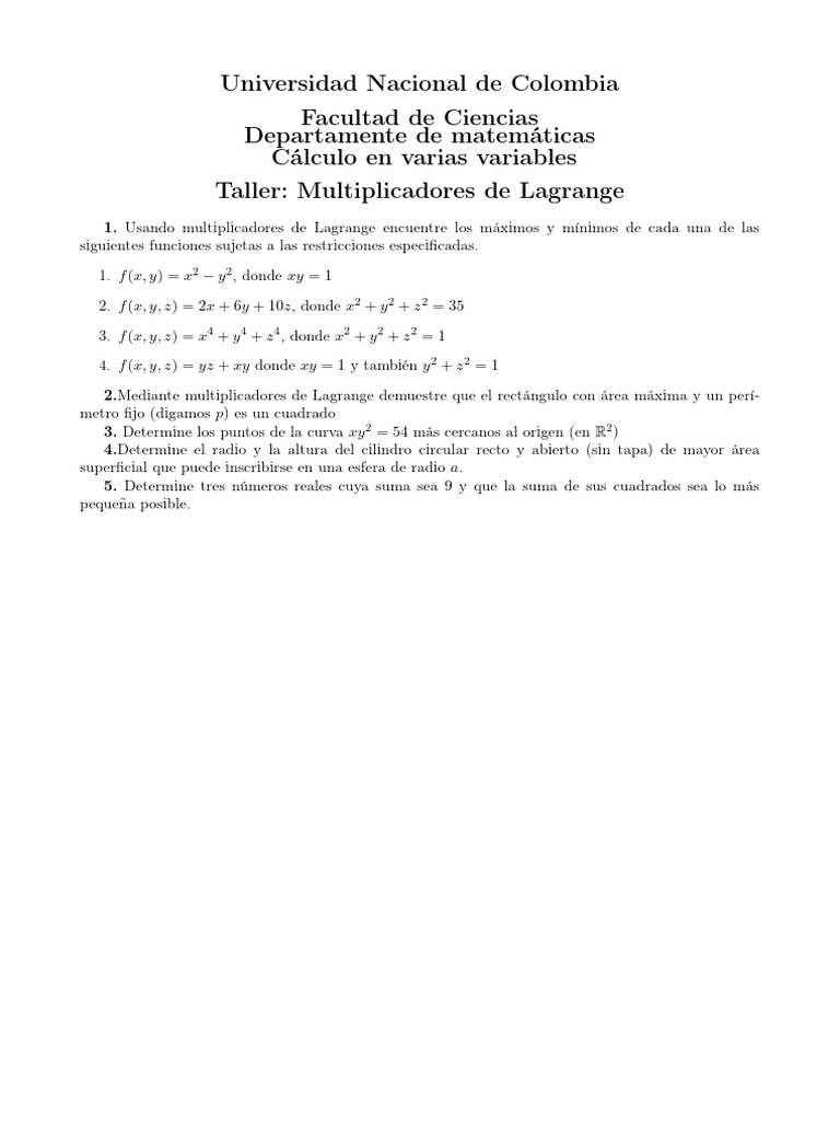 Taller Multiplicadores de Lagrange | PDF | Métodos y materiales de enseñanza | Ciencia y matemáticas