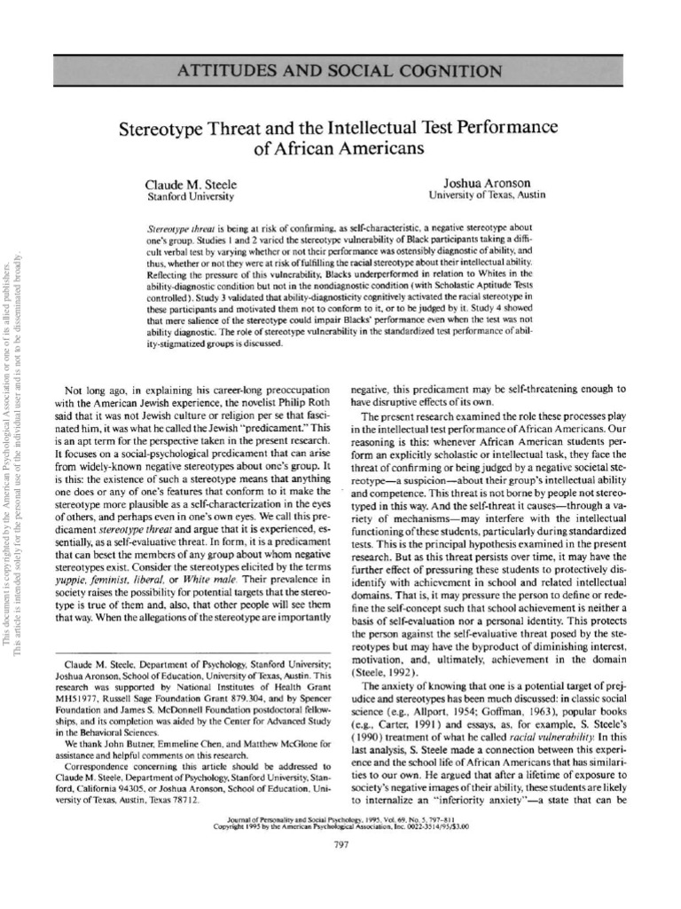 Steele & Aronson 1995 | PDF | Stereotypes | Graduate Record Examinations