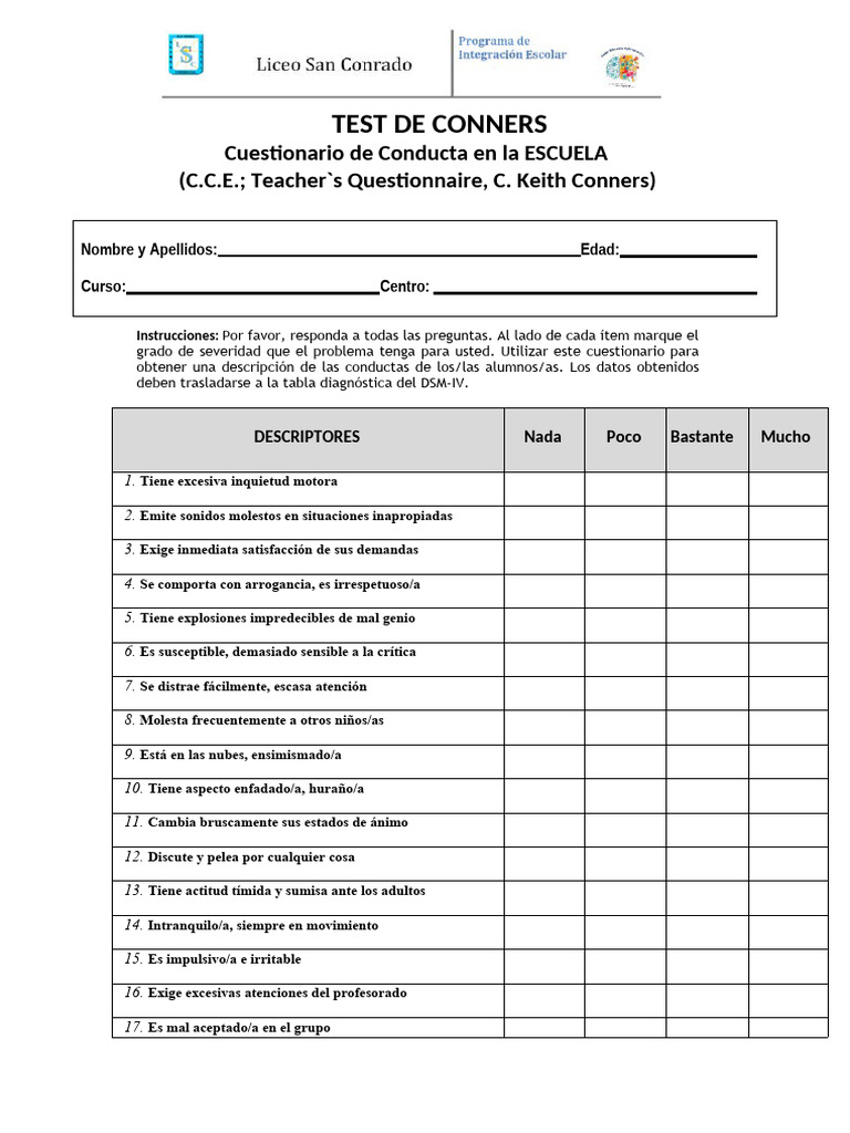 Test de Conners: Evaluación Conductual | PDF