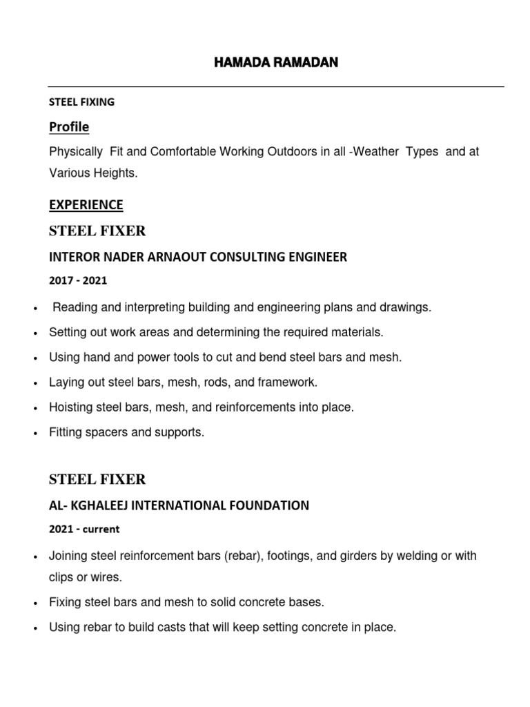 Steel Fixer CV | PDF