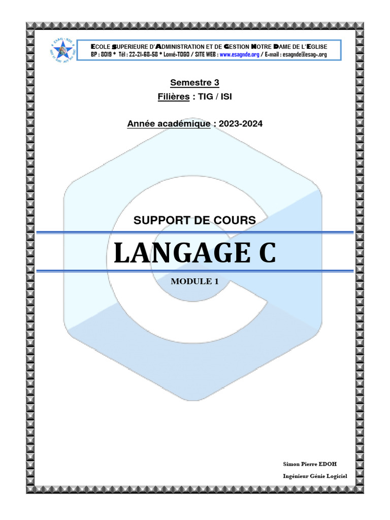 Cours Langage C Module1 2023-2024 Esag Tig-Isi Sem-3 | PDF | Compilateur | C (Langage de ...