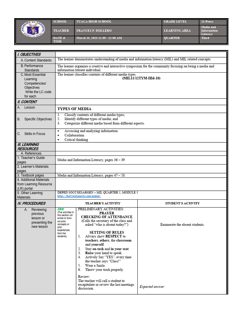 Lesson Plan (Types of Media) | PDF | Mass Media | Learning