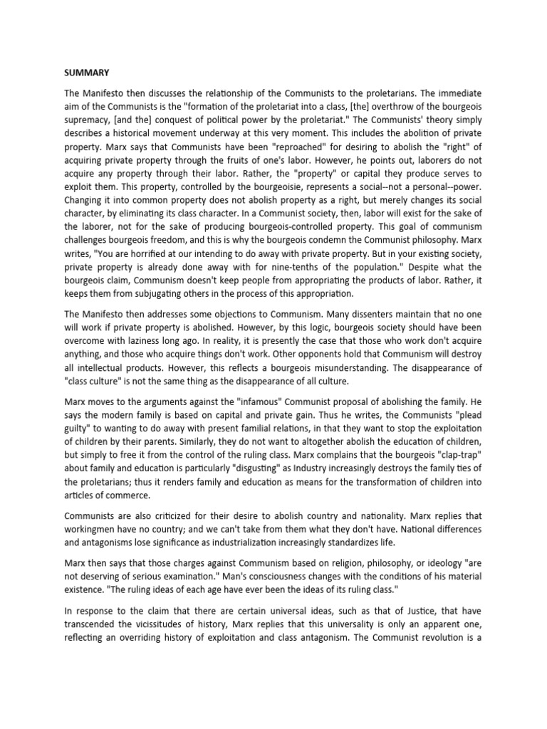 SUMMARY of Communist Manifesto | PDF | Communism | Karl Marx