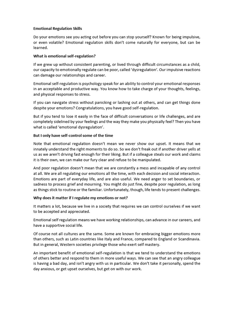 Emotional Regulation Skills | PDF | Emotional Self Regulation | Thought