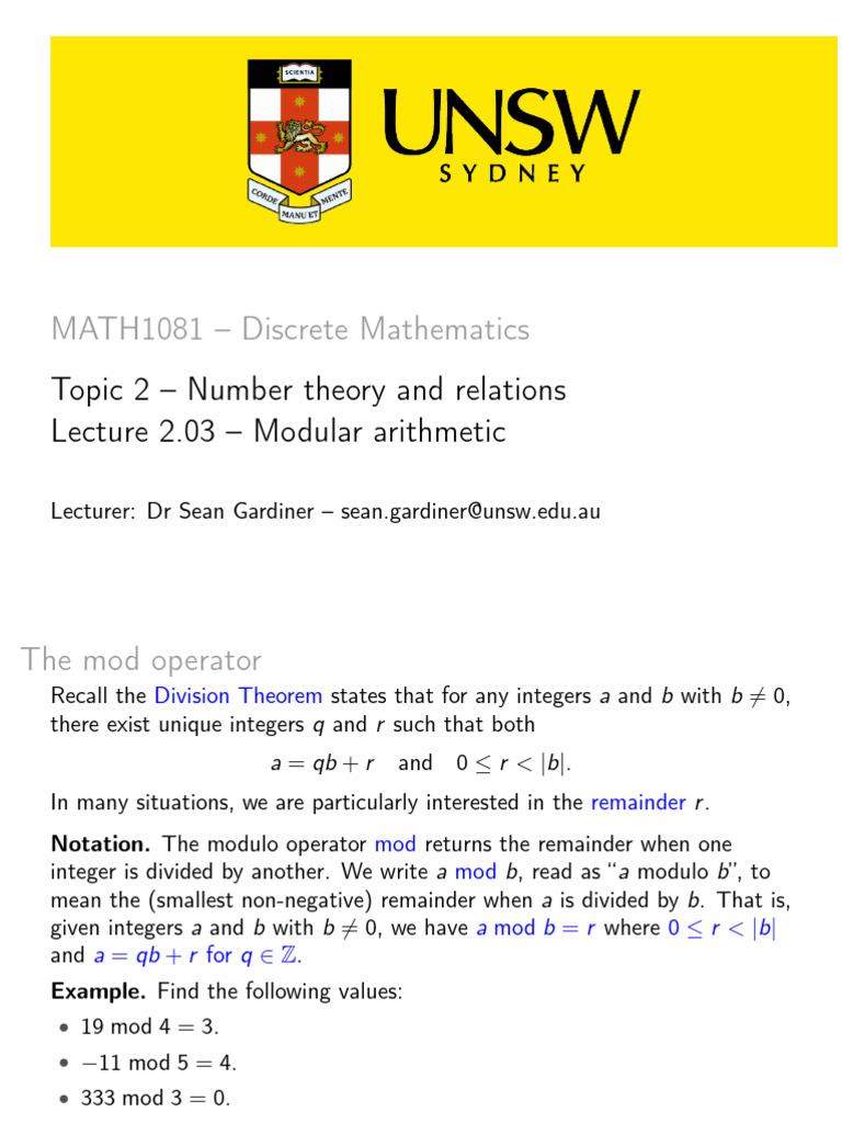 Handout 2 03 Modular Arithmetic Pdf Mathematics Number Theory