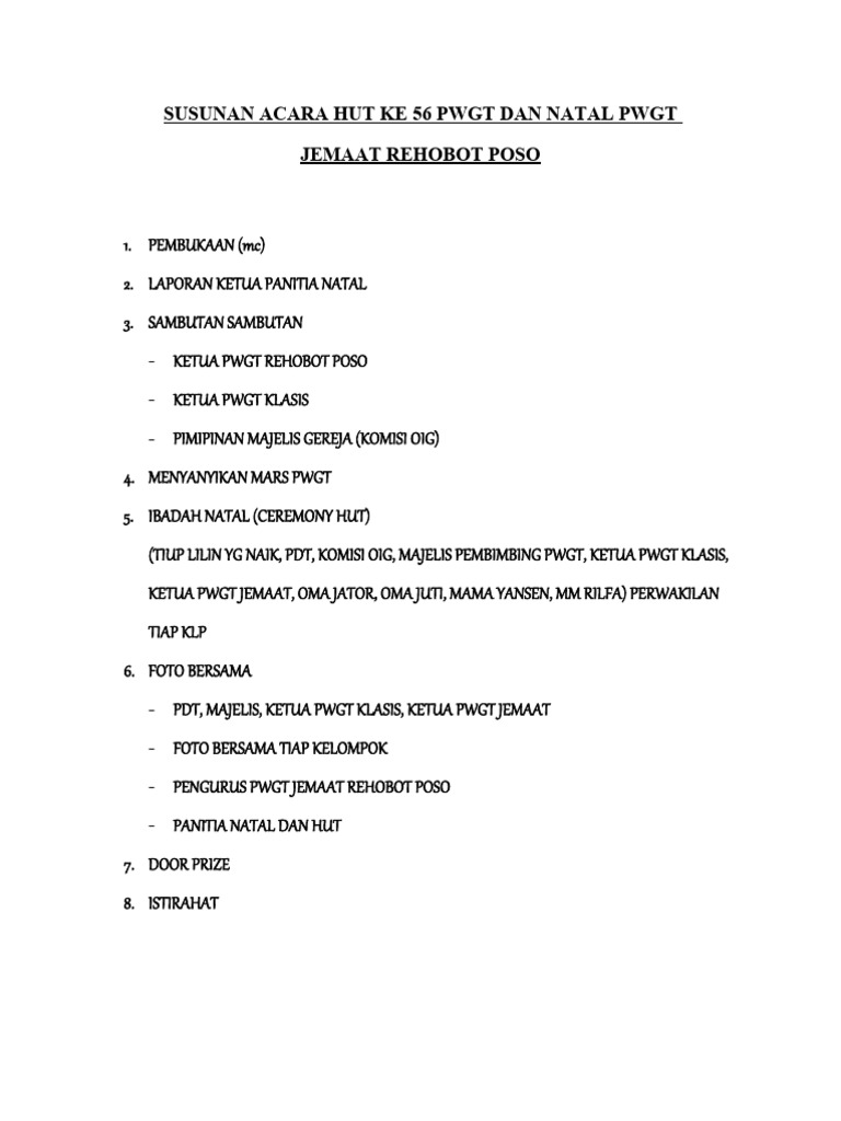 Susunan Acara Hut Ke 56 PWGT Dan Natal PWGT | PDF