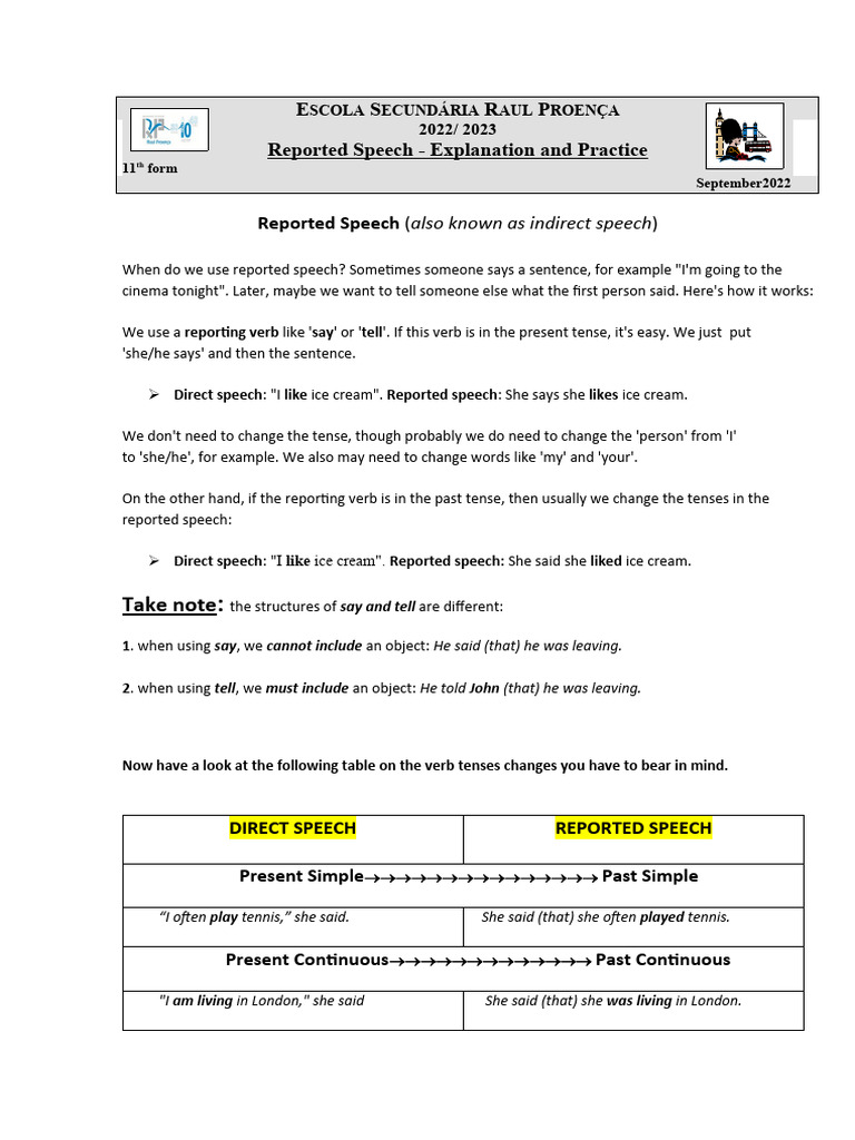 Reported Speech - Explanation and Practice | PDF | Verb | Language ...