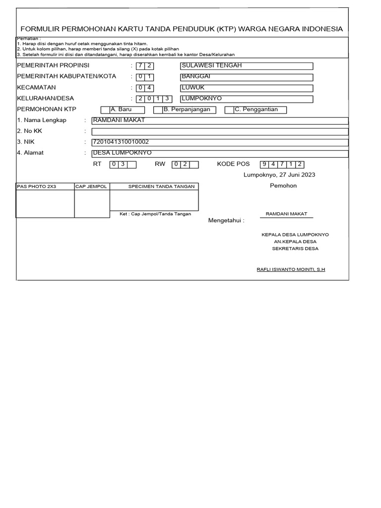 Formulir Permohonan KTP Luwuk | PDF