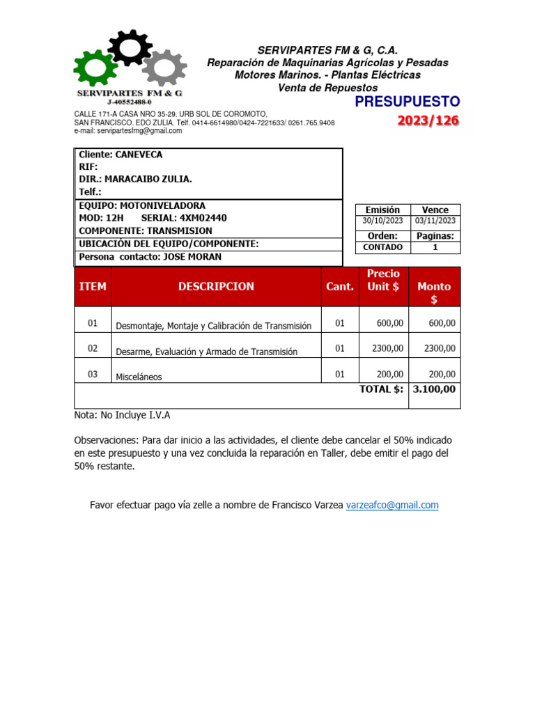 Presupuesto de Reparación para Caneveca | PDF