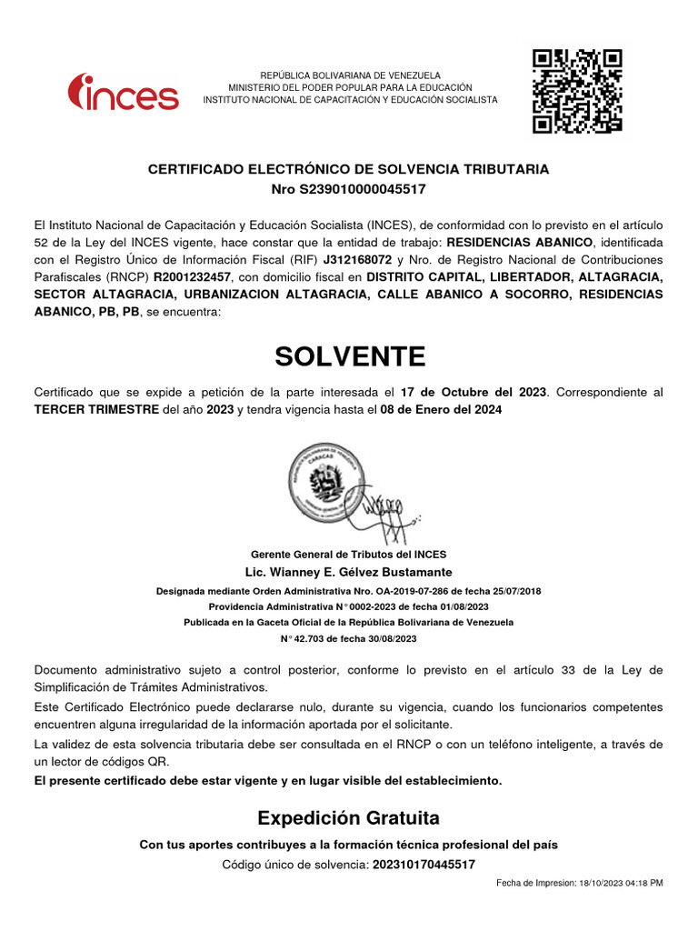 Solvente: Certificado Electrónico de Solvencia Tributaria Nro ...