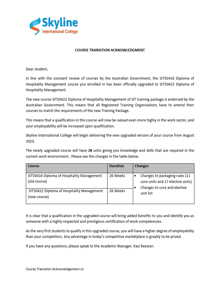 FO - Course Transition Info - Acknowledgement - SIT50422 - Dip ...