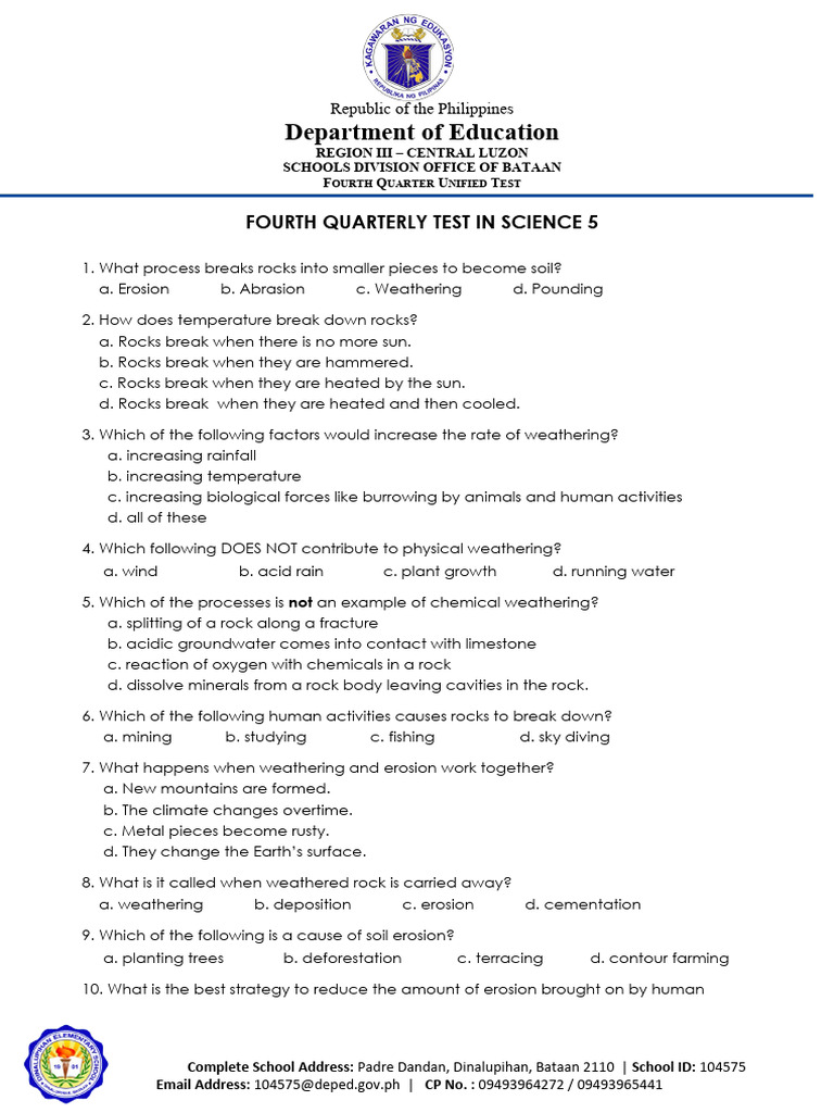 Fourth Quarterly Test in Science 5 | PDF | Weathering | Rock (Geology)
