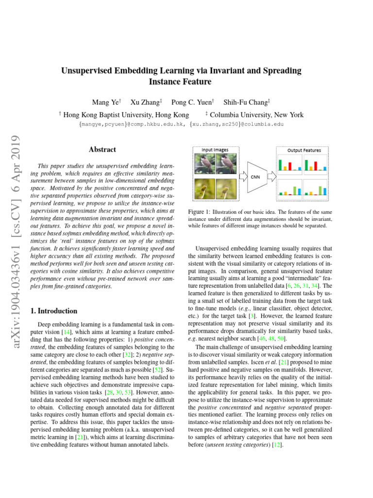 Unsupervised Embedding Learning Via Invariant And Spreading Instance Feature Pdf Statistical 2421
