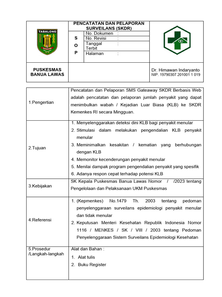 SOP Pencatatan Dan Pelaporan SKDR | PDF