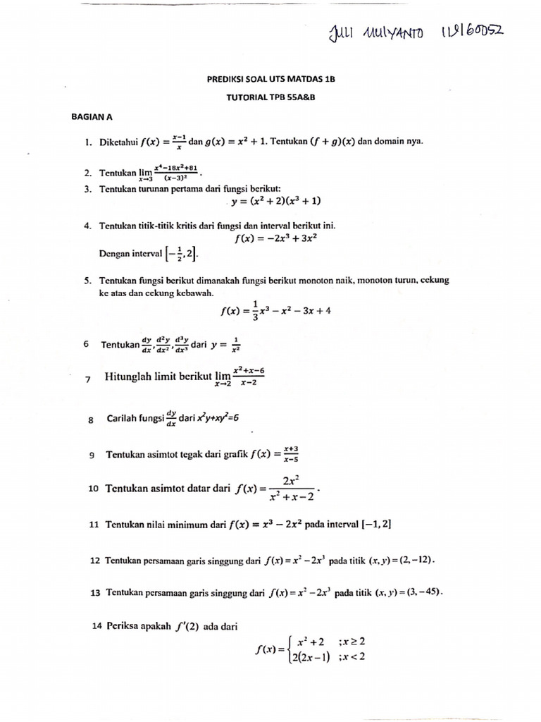 Solusi Soal Prediksi UTS MATDAS1B 2022 | PDF