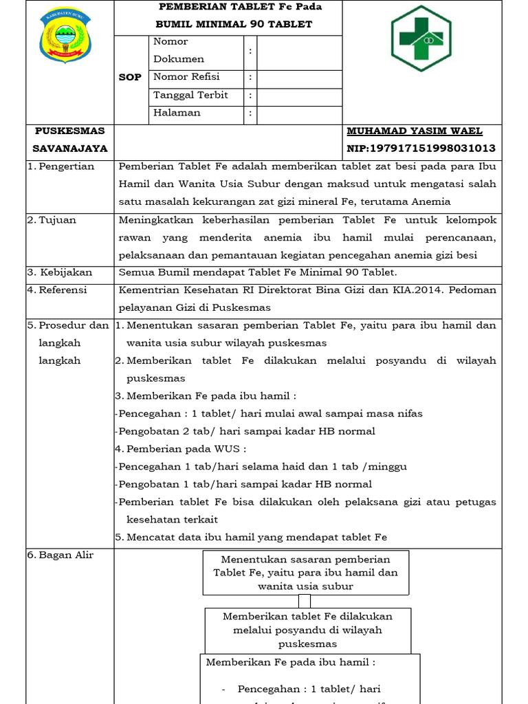 SOP PEMBERIAN TABLET Fe Pada BUMIL MINIMAL 90 TABLET | PDF