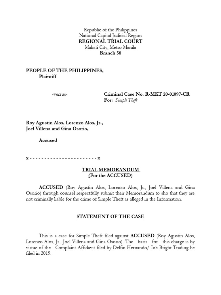 Trial Memorandum 2023 Draft | PDF | Reasonable Doubt | Burden Of Proof ...